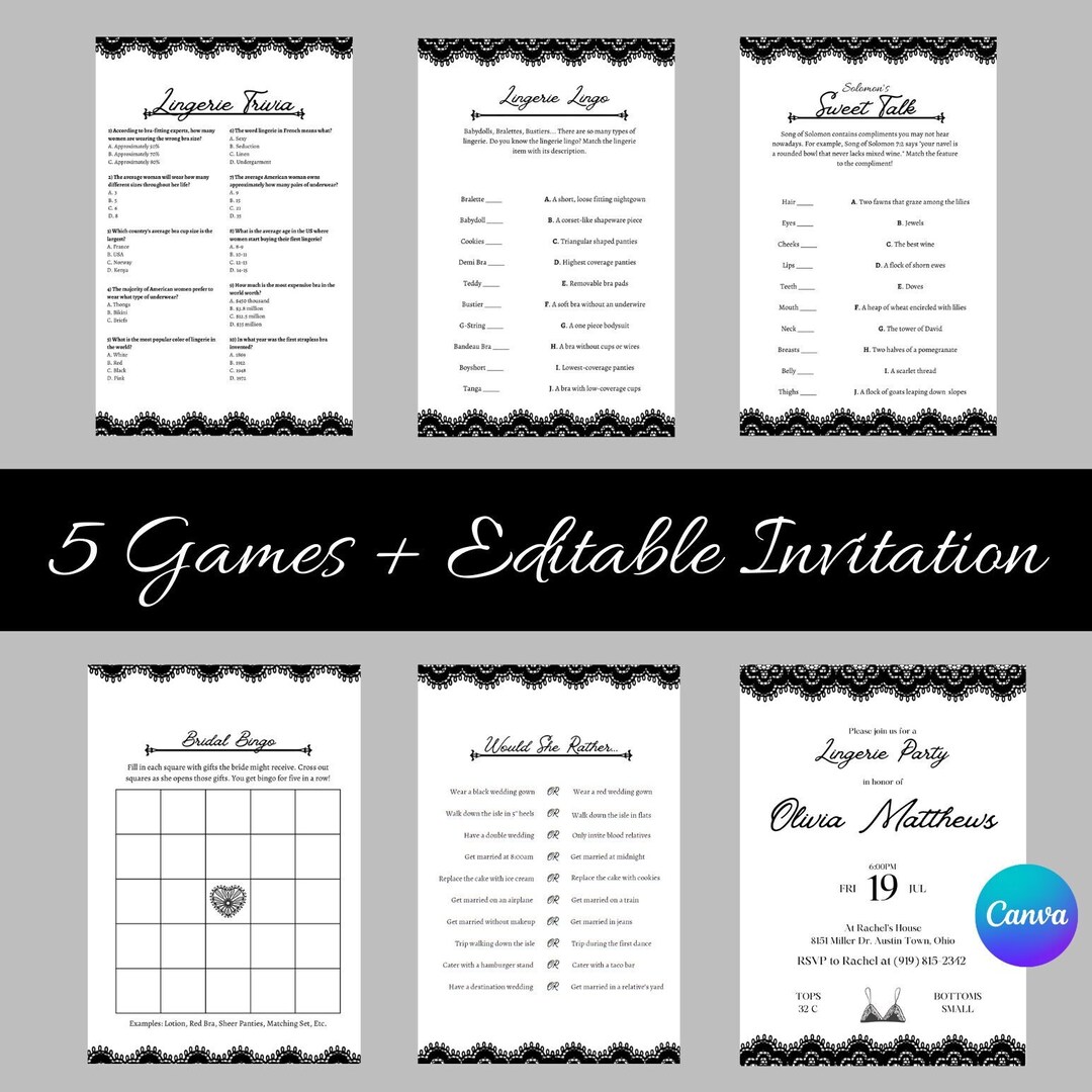Lingerie Shower Game And Invitation Bundle 5 Party Games Editable