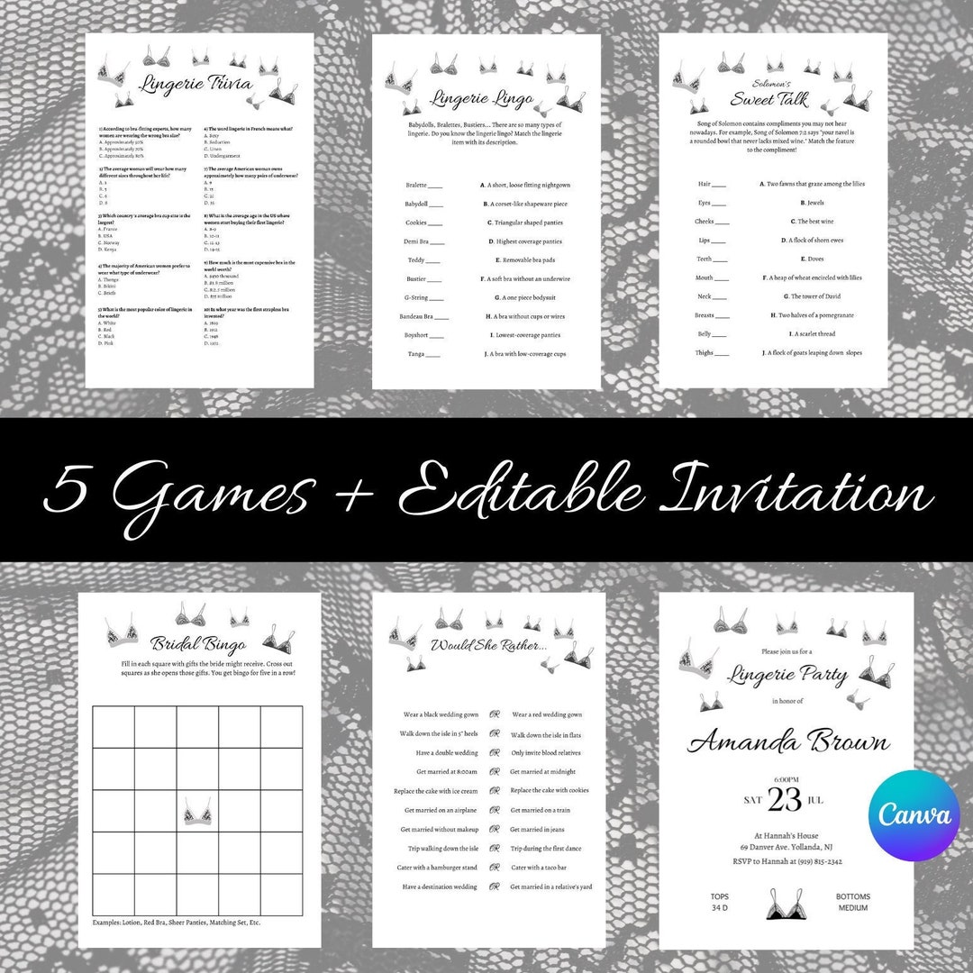 Lingerie Shower Game and Invitation Bundle | 5 Party Games | Editable ...