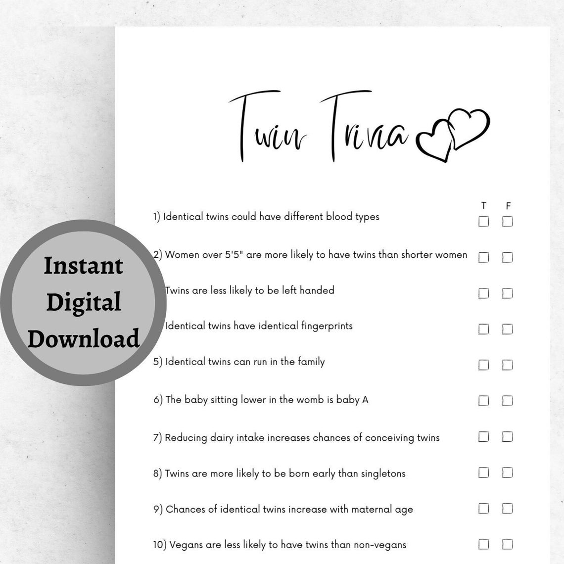 Twin Trivia | Twin Baby Shower Game | Printable PDF Download | Heart ...