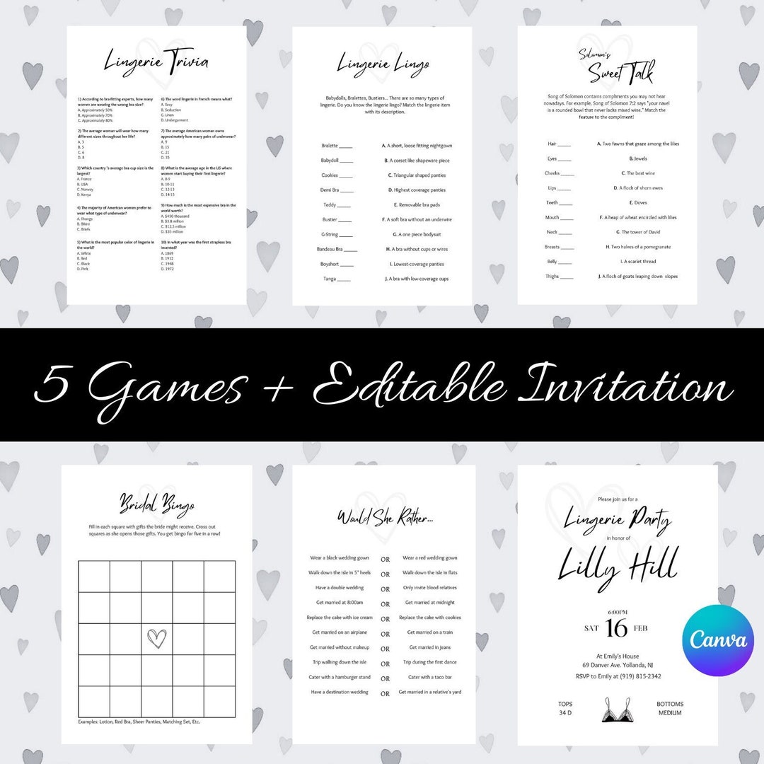 Lingerie Shower Game And Invitation Bundle 5 Party Games Editable