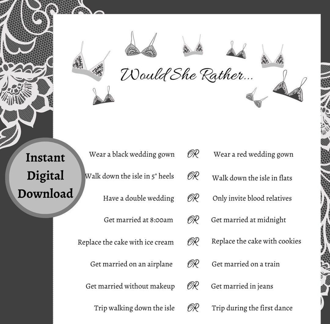 Would She Rather Lingerie Shower Game Printable Pdf Download Bra Theme
