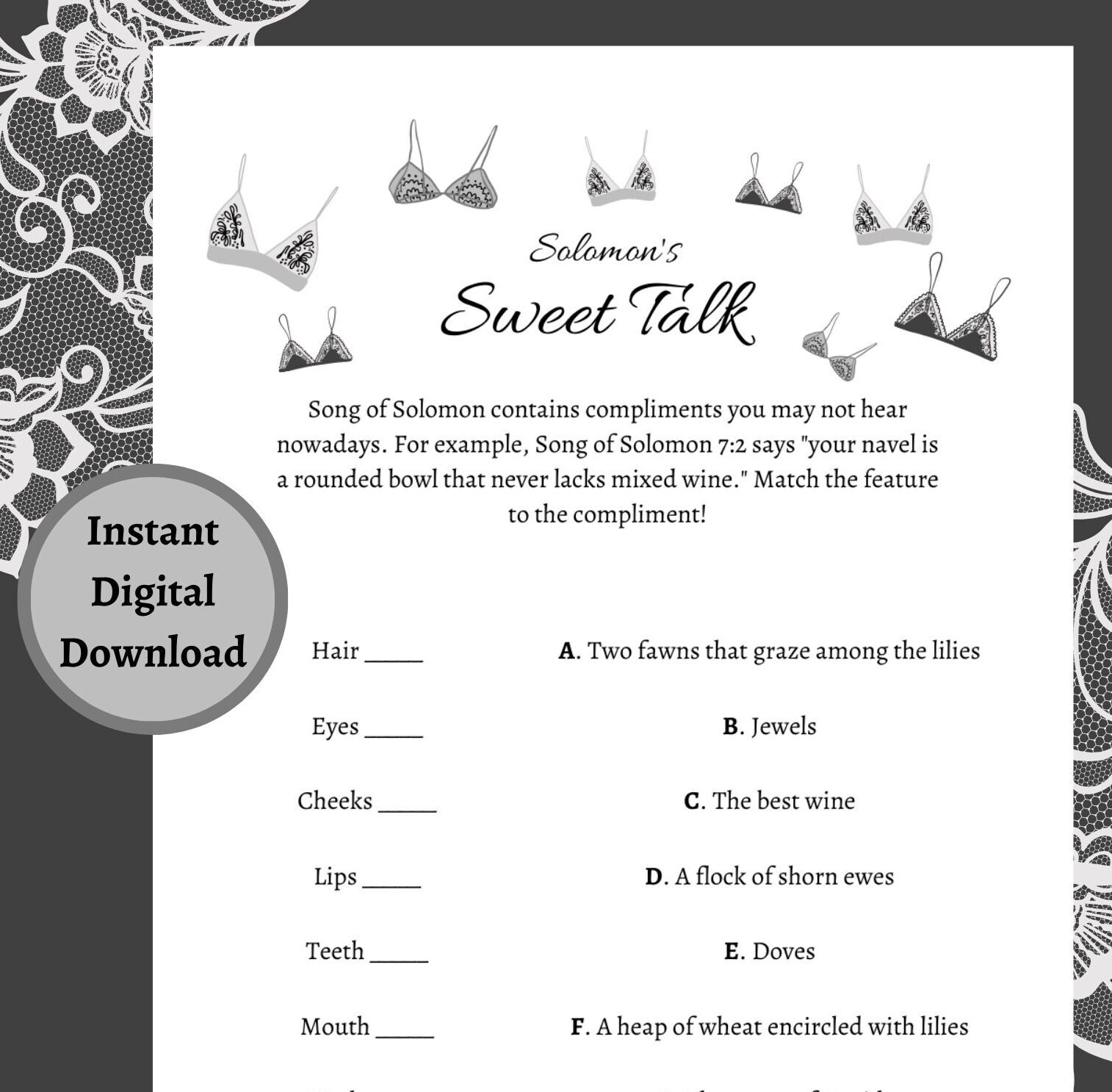 Lingerie Shower Game Solomons Sweet Talk Printable Pdf Download