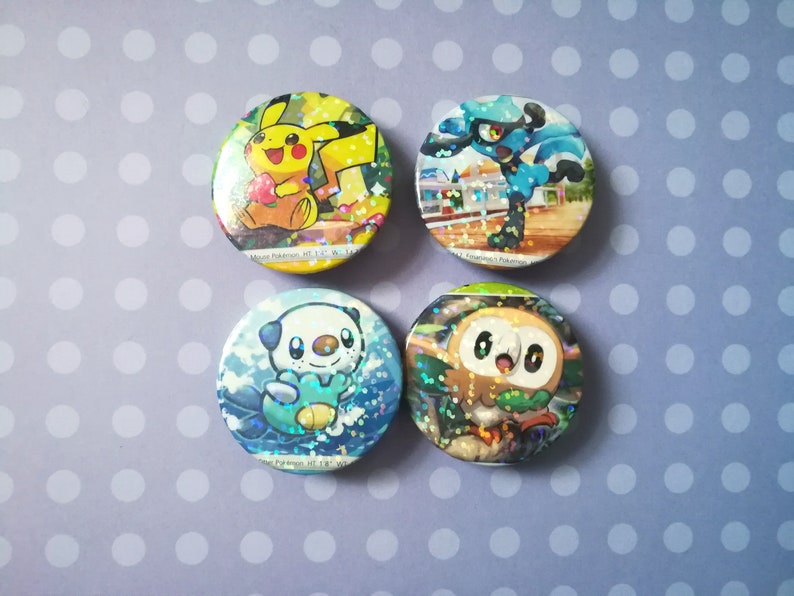 Pikachu, Riolu, Rowlet and Oshawott Upcycled Pokemon Card Badges ...