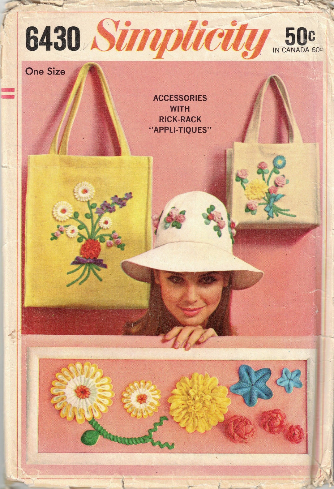 Appliqué Rick-rack Flowers Hat & Tote Bags Sewing Pattern Uncut 1960's ...