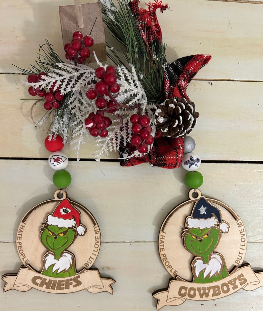 Grinch NFL Team Wood Ornaments , Football Ornaments , Tiered Tray Decor ...