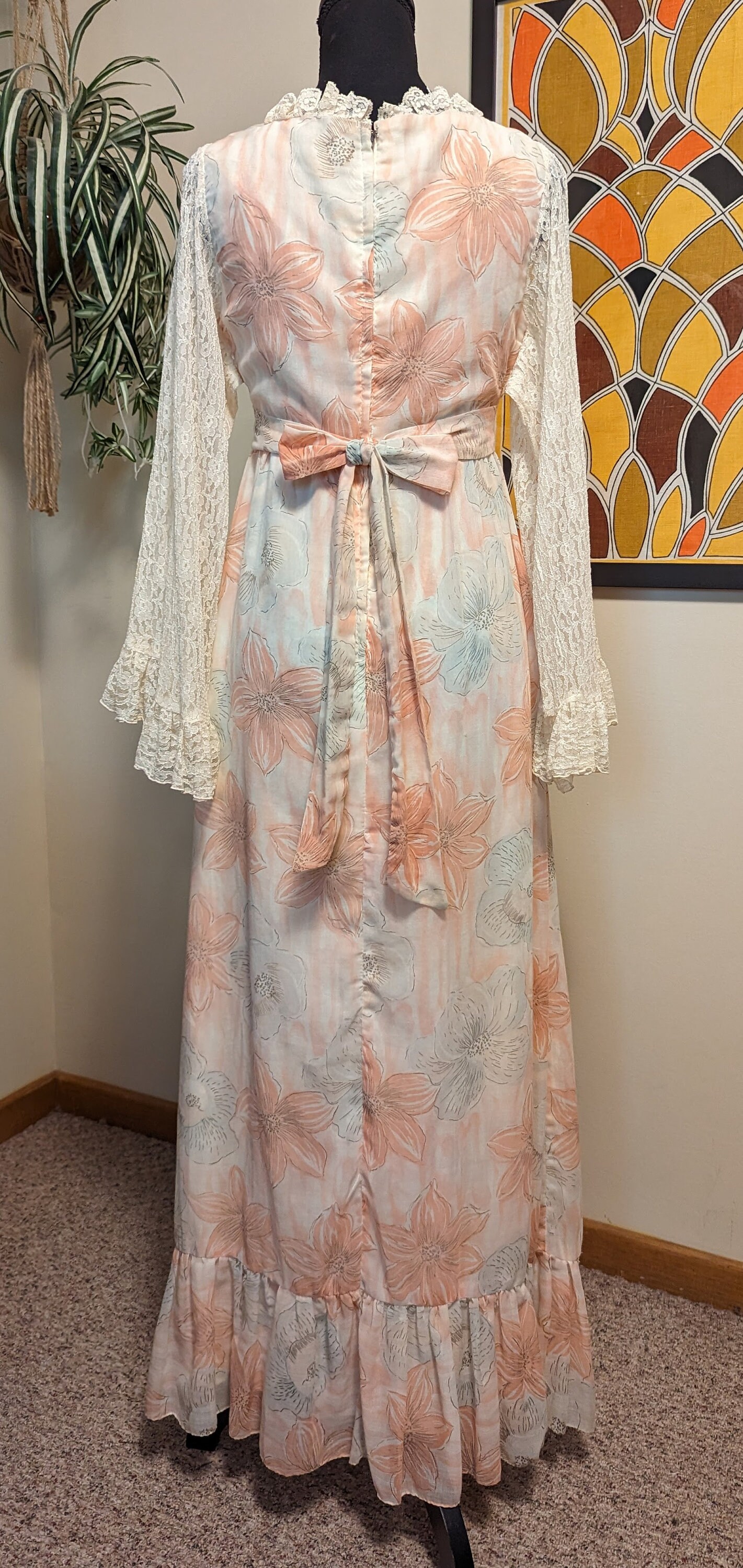 Vintage 1970s Floral & Lace Angel Sleeve Ruffle Square Neckline Tiered ...