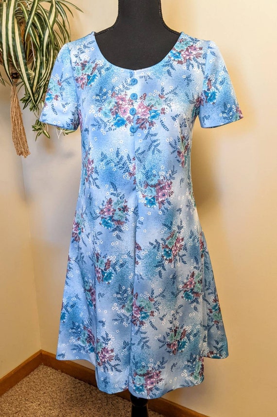 Vintage 1970s Blue & Purple Floral Print Polyester Pu… - Gem