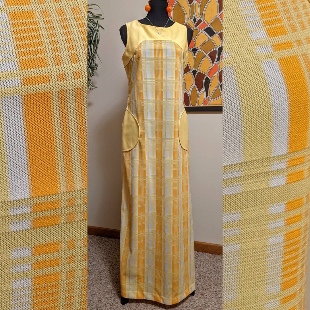Vintage 1970s Yellow & Orange Plaid Polyester Maxi Dress With Pockets ...
