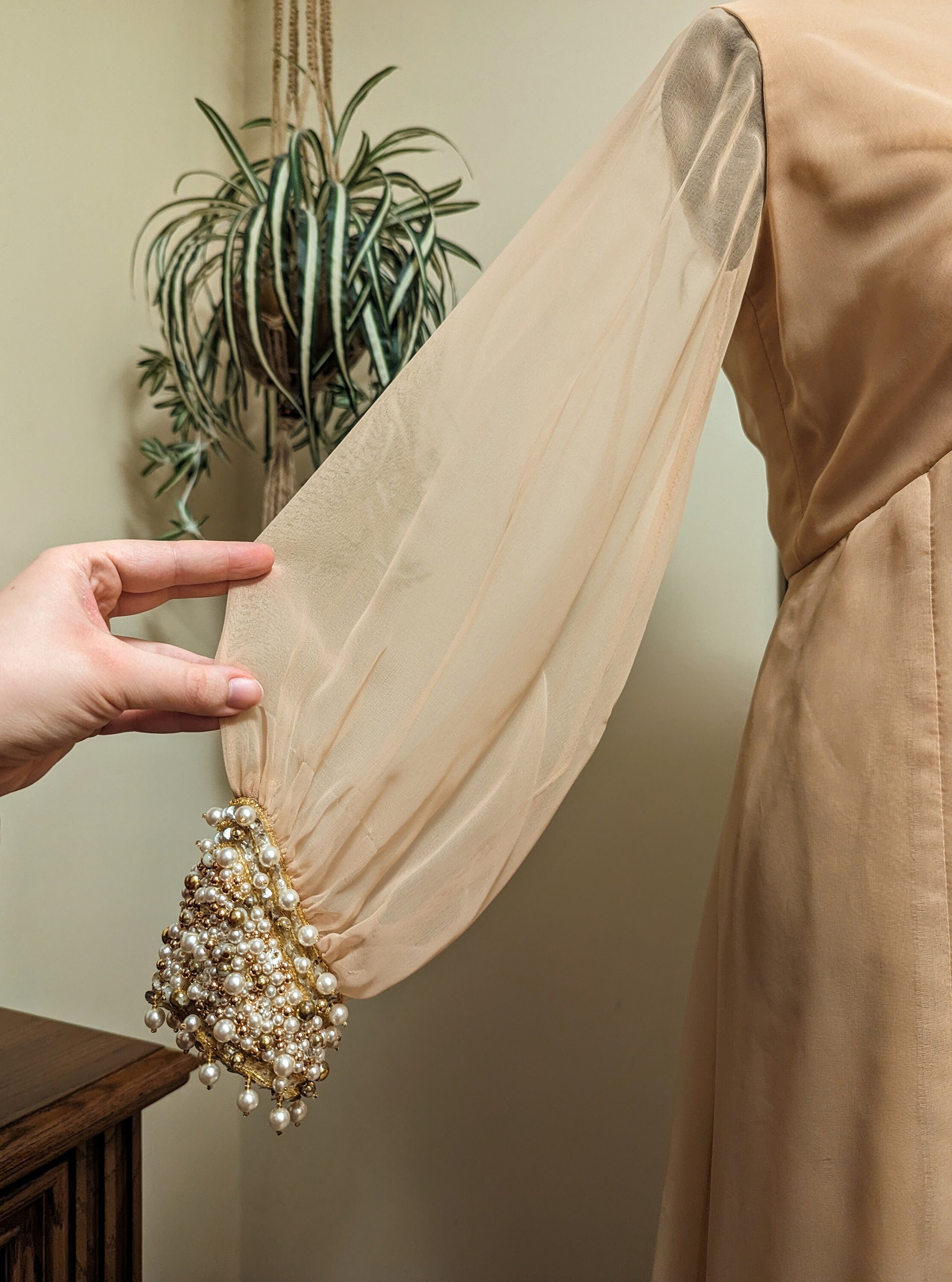 Vintage 1970s Pearl & Gold Beaded Neckline Tan Beige Elegant Vintage 1970s Pearl & Gold Beaded Neckline Tan Beige Elegant