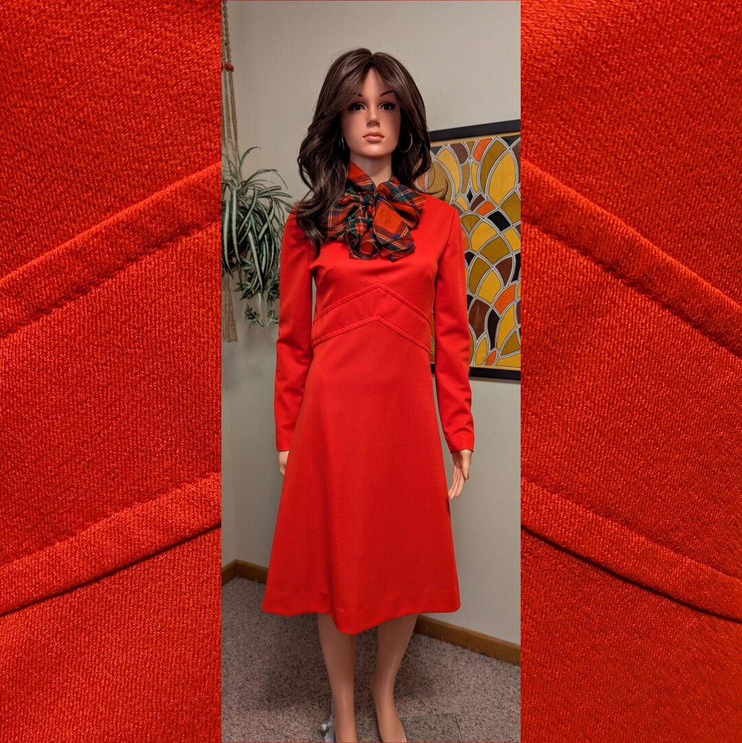 Vintage 1970s Red Solid Long Sleeve A-line Polyester Dress / 60s 70s ...