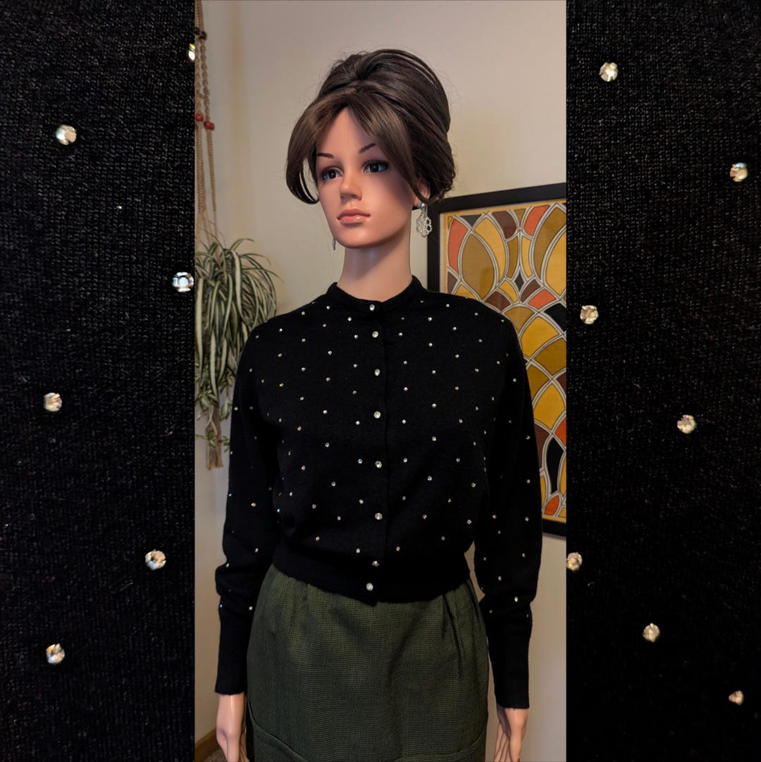 Vintage 1950s Black Set-in Rhinestone Studded Orlon Knit Cardigan ...