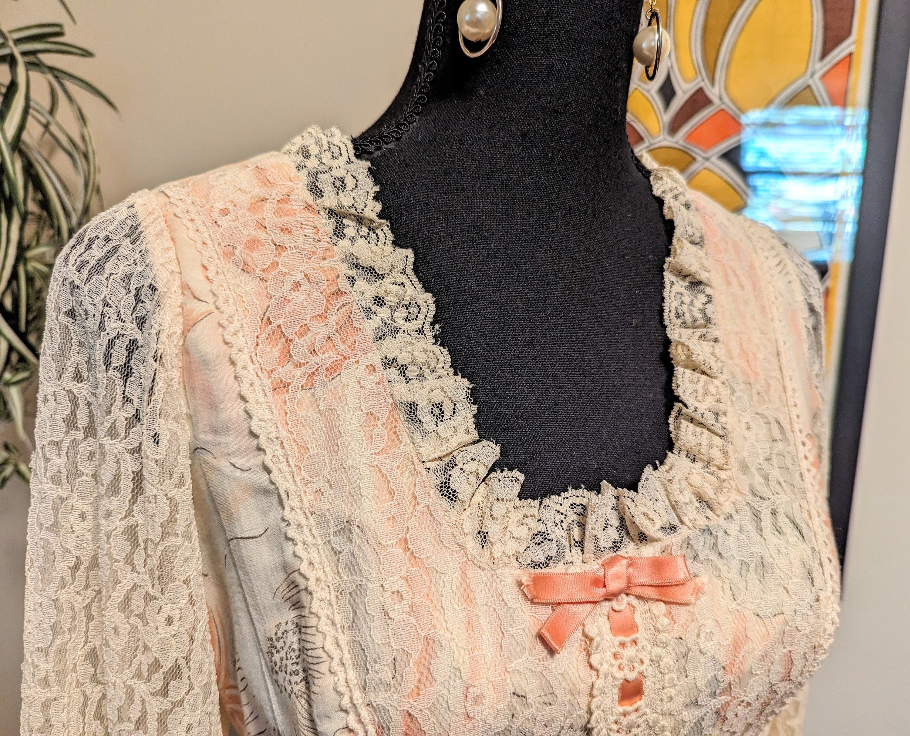 Vintage 1970s Floral & Lace Angel Sleeve Ruffle Square Neckline Tiered ...