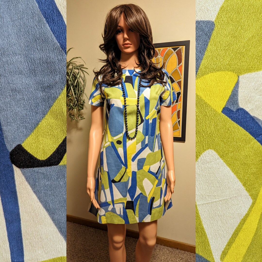 Vintage 1960s Blue & Green Abstract Print Short Sleeve Lightweight ...