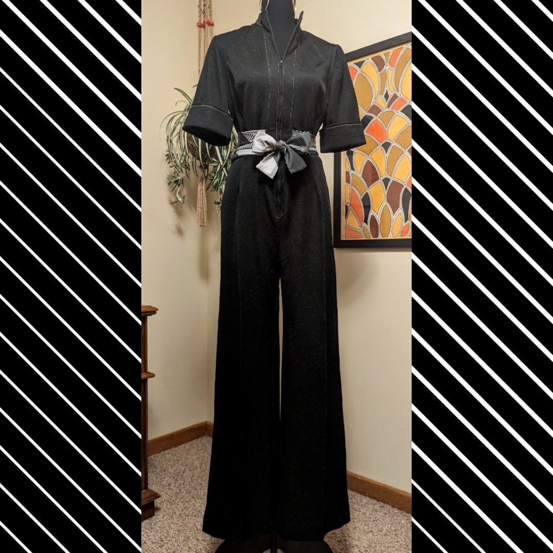 Vintage 1970s Black & White Speckle Bell Bottom Jumpsuit With Stripe ...