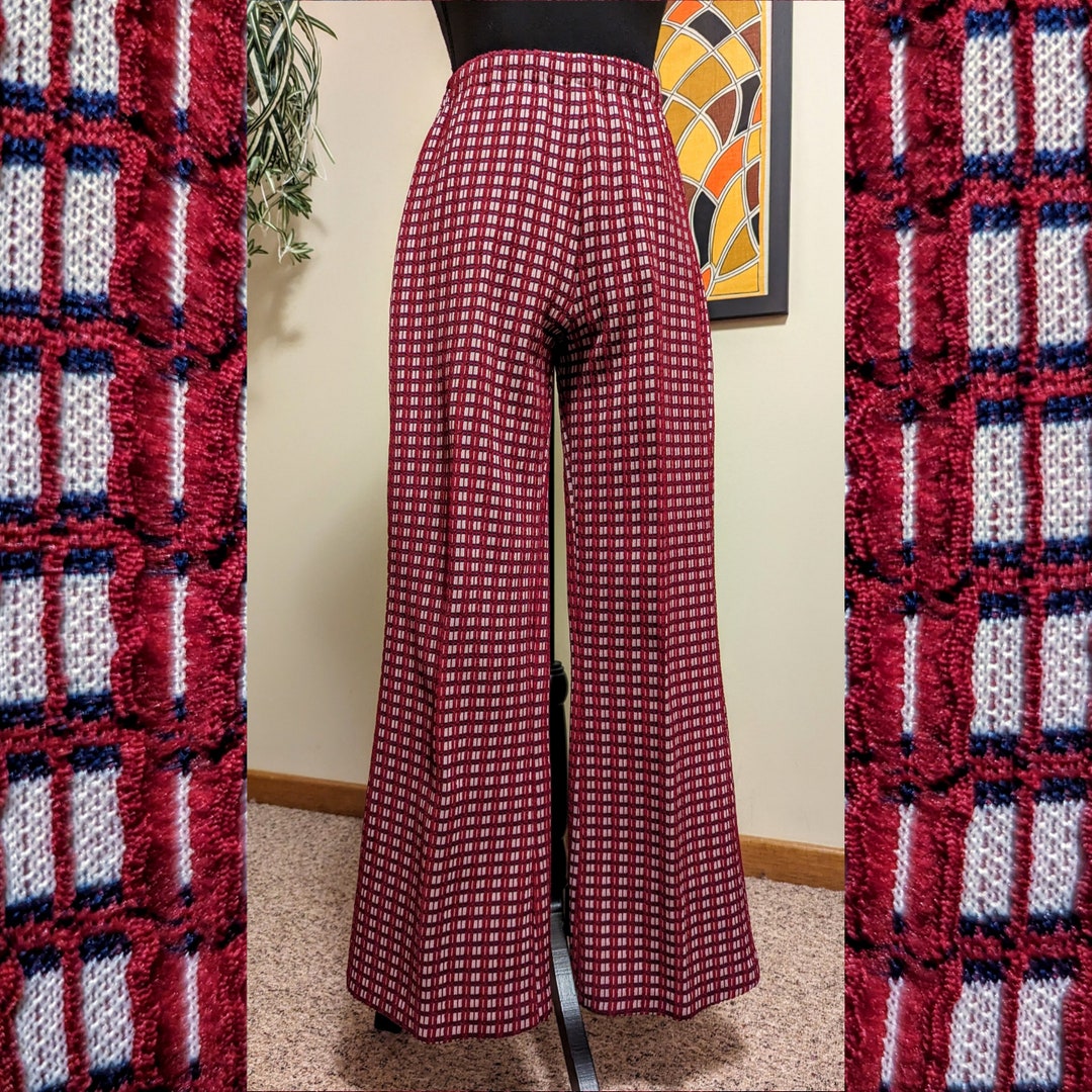 Vintage 1970s Maroon, Navy & White Check Plaid Print Polyester Knit ...