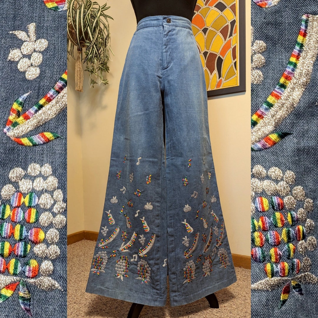 RARE Vintage 1970s Rainbow & Silver Embroidered Wide Bell Bottom Flare ...