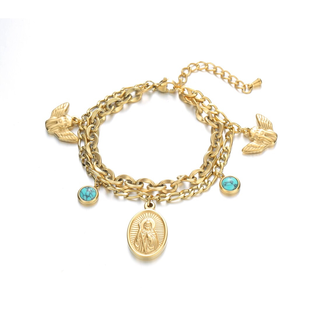 Gold Faithful Charms on Layered Chain Bracelet for Sophisticated Charm ...