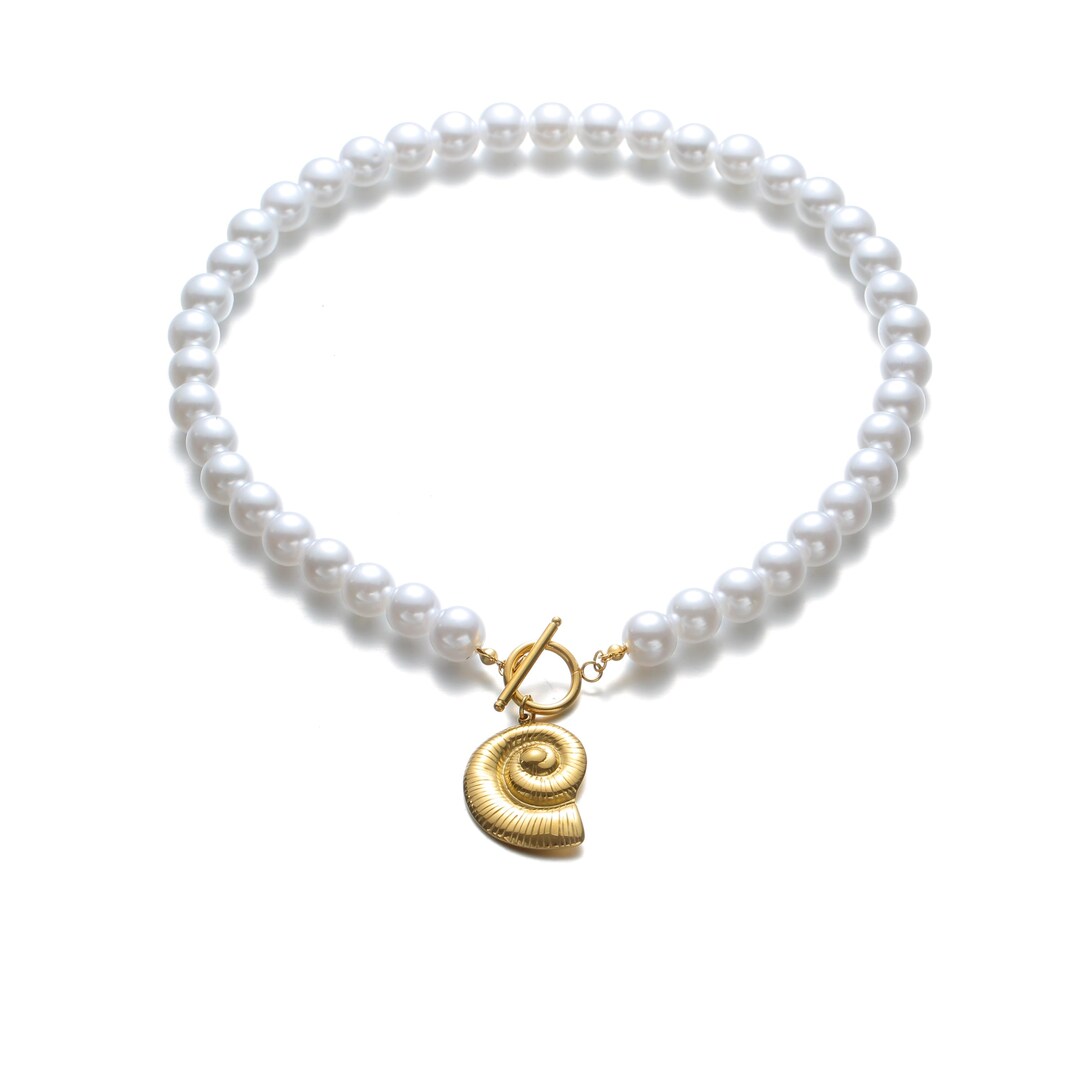 Statement Gold Spiral Shell Necklace With Bold Pearl Bead Chain - Etsy