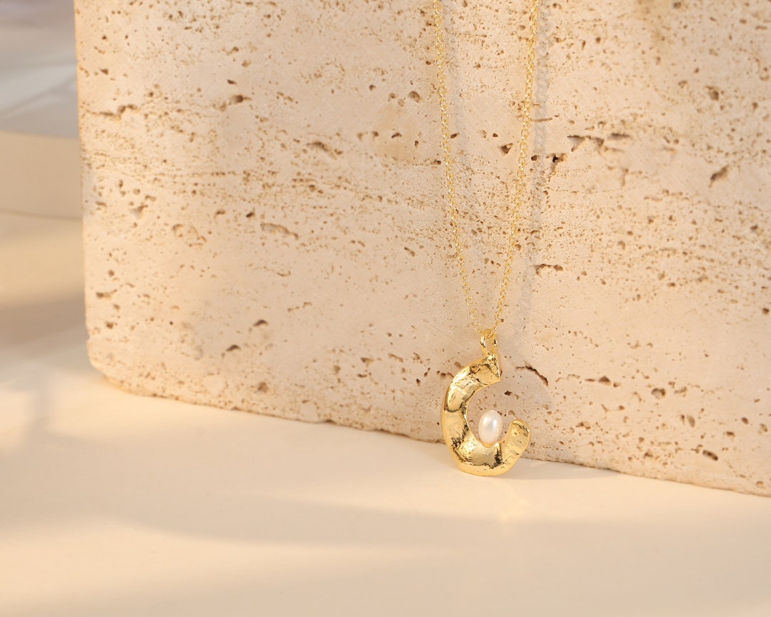 Half Round Textured With Pearl Centered Necklace - Etsy