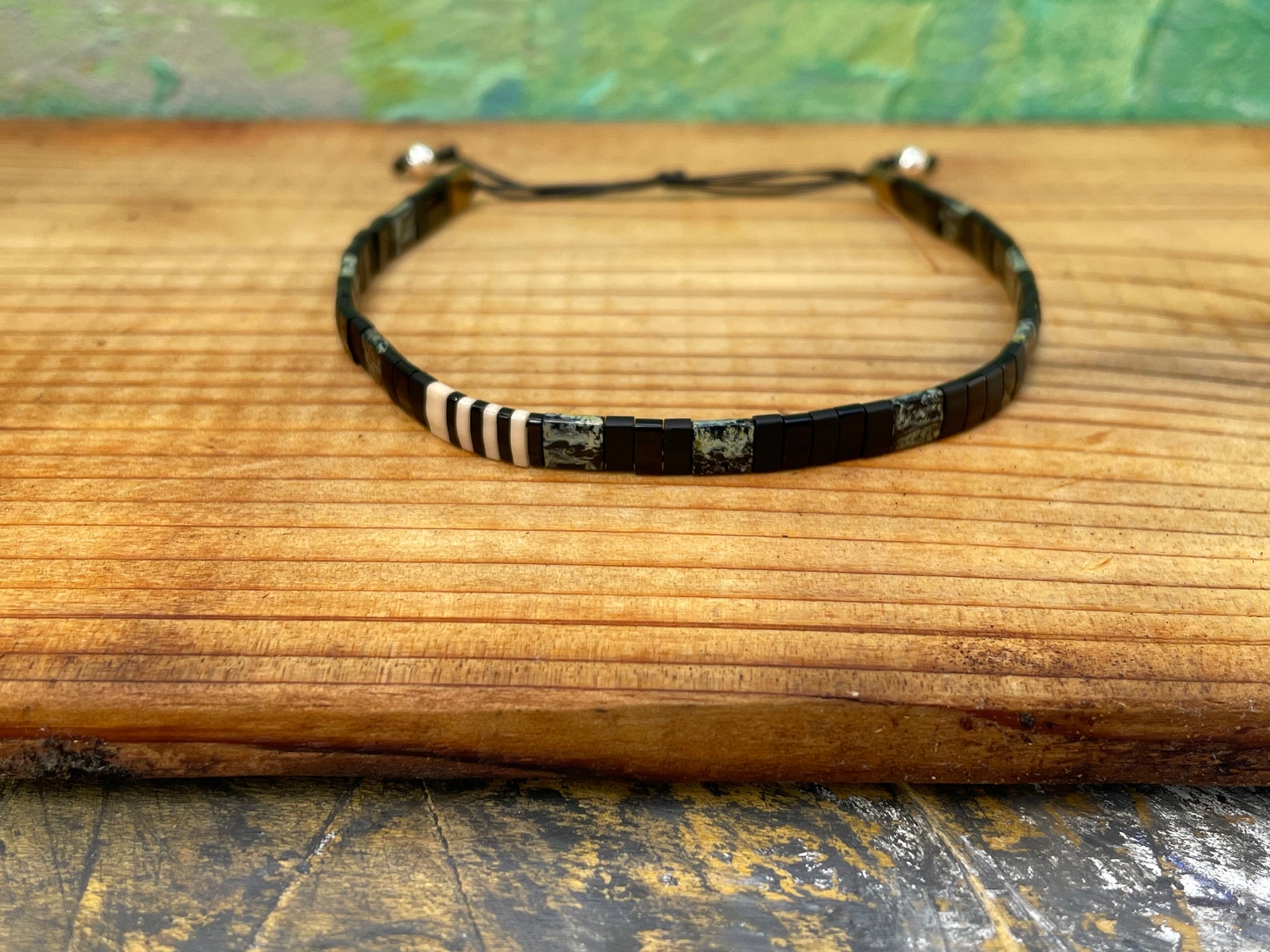 Mens Adjustable B&W Bracelet • Tila Bead Friendship Bracelet • Black ...