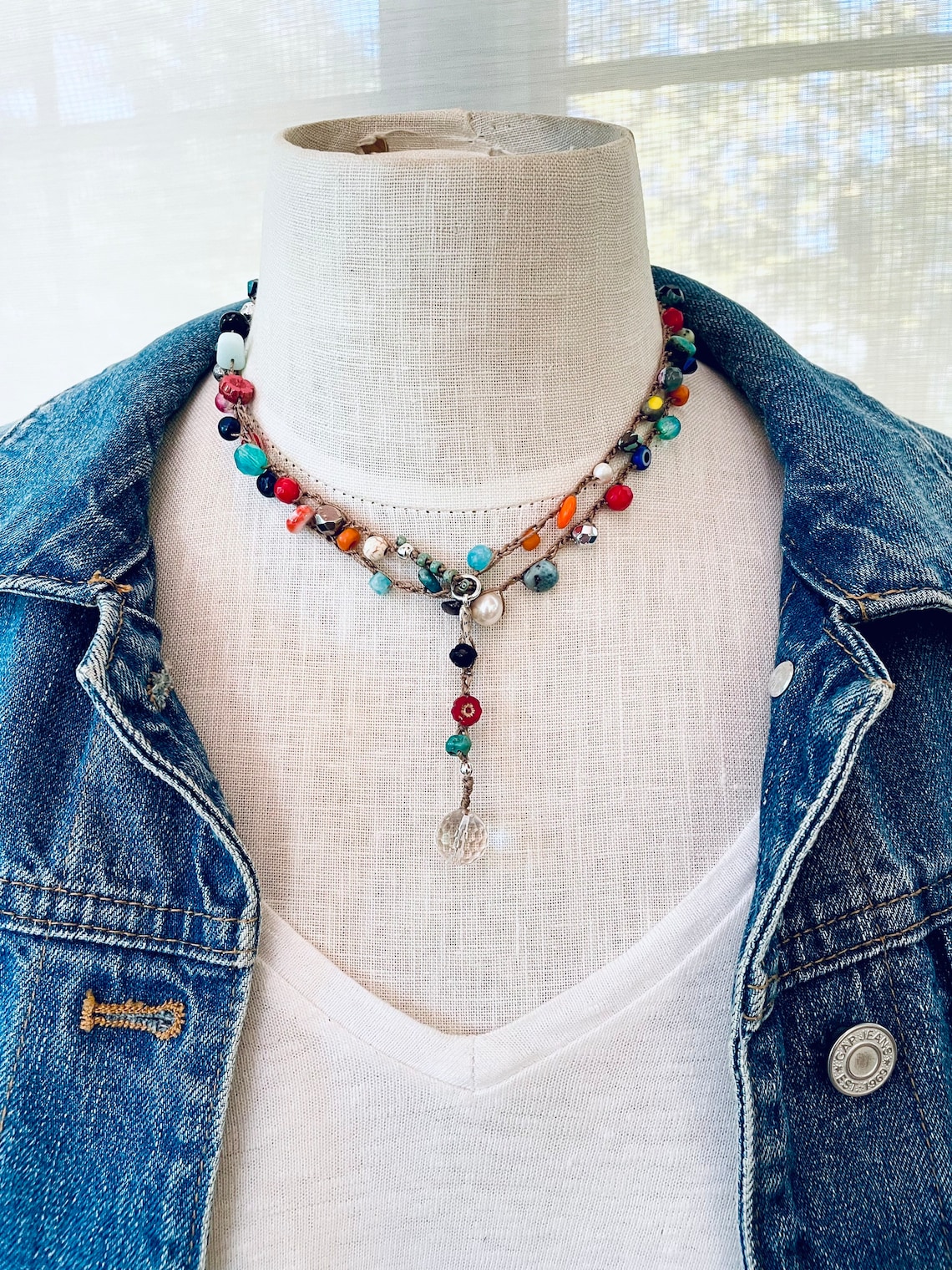 COLORFUL Long Beaded Necklace • Multi Color Beaded Crochet Wrap ...