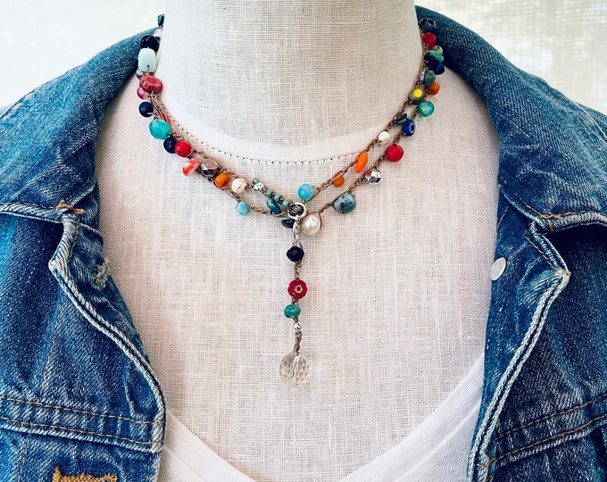 COLORFUL Long Beaded Necklace • Multi Color Beaded Crochet Wrap ...