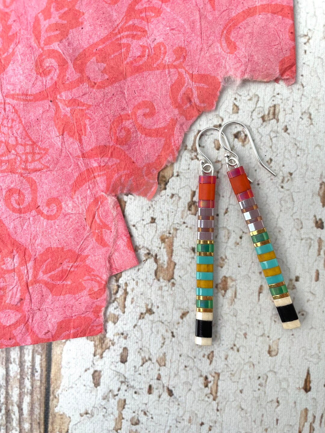 Colorful Long Tila Bead Earrings • Modern Glass Square Tile Dangle ...