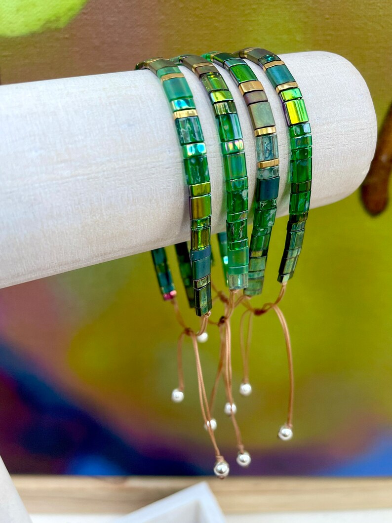 Green Beaded Bracelet Adjustable Flat Square Bracelet - Etsy
