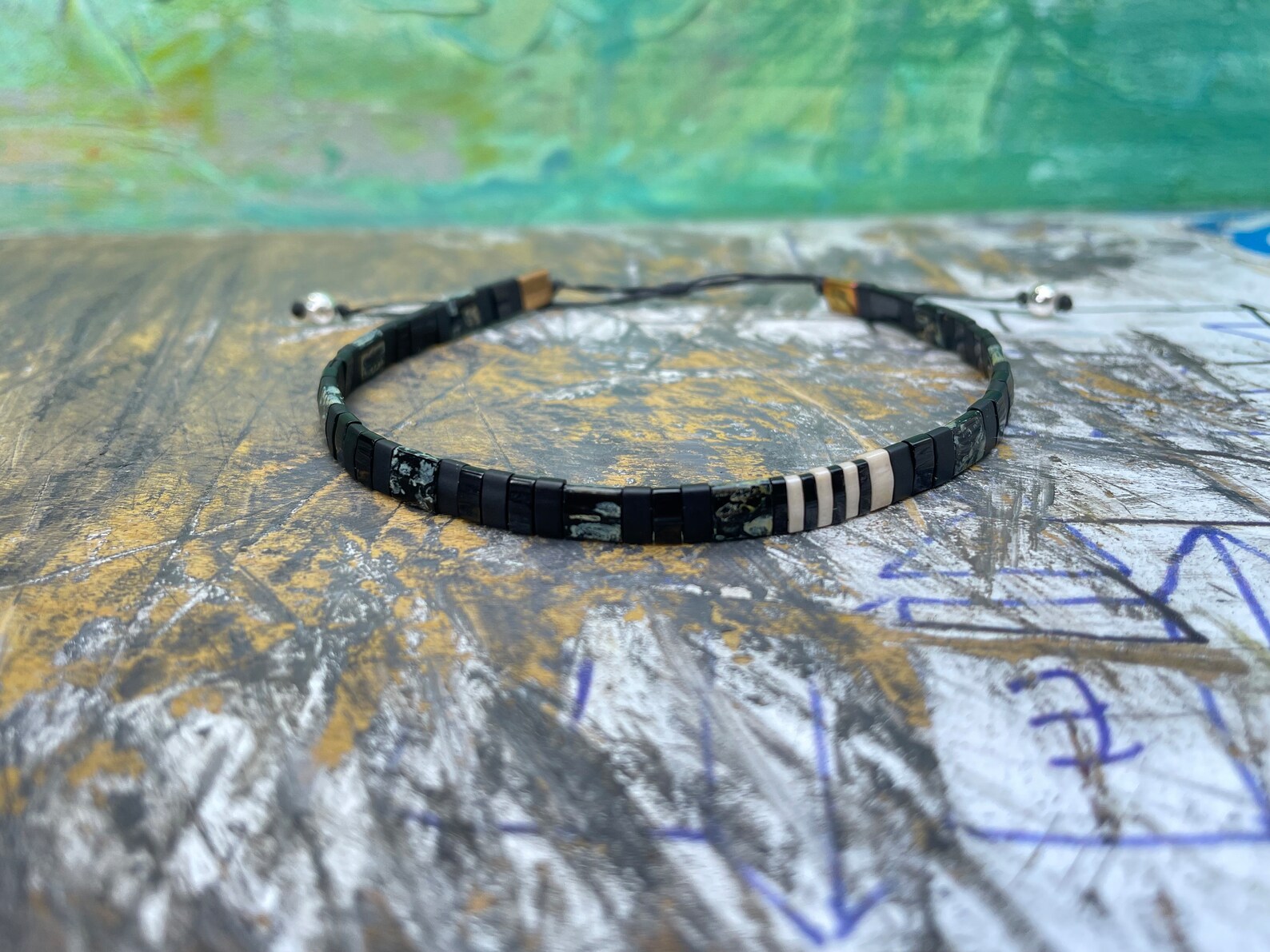 Mens Adjustable B&W Bracelet • Tila Bead Friendship Bracelet • Black ...