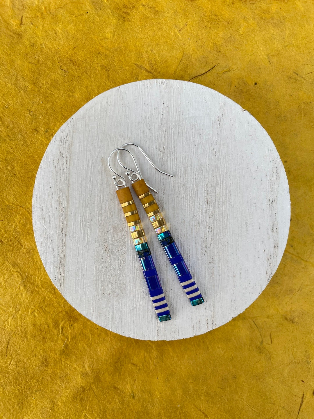 Indigo and Honeycomb Long Tila Bead Earrings Blue & Yellow Glass Square ...