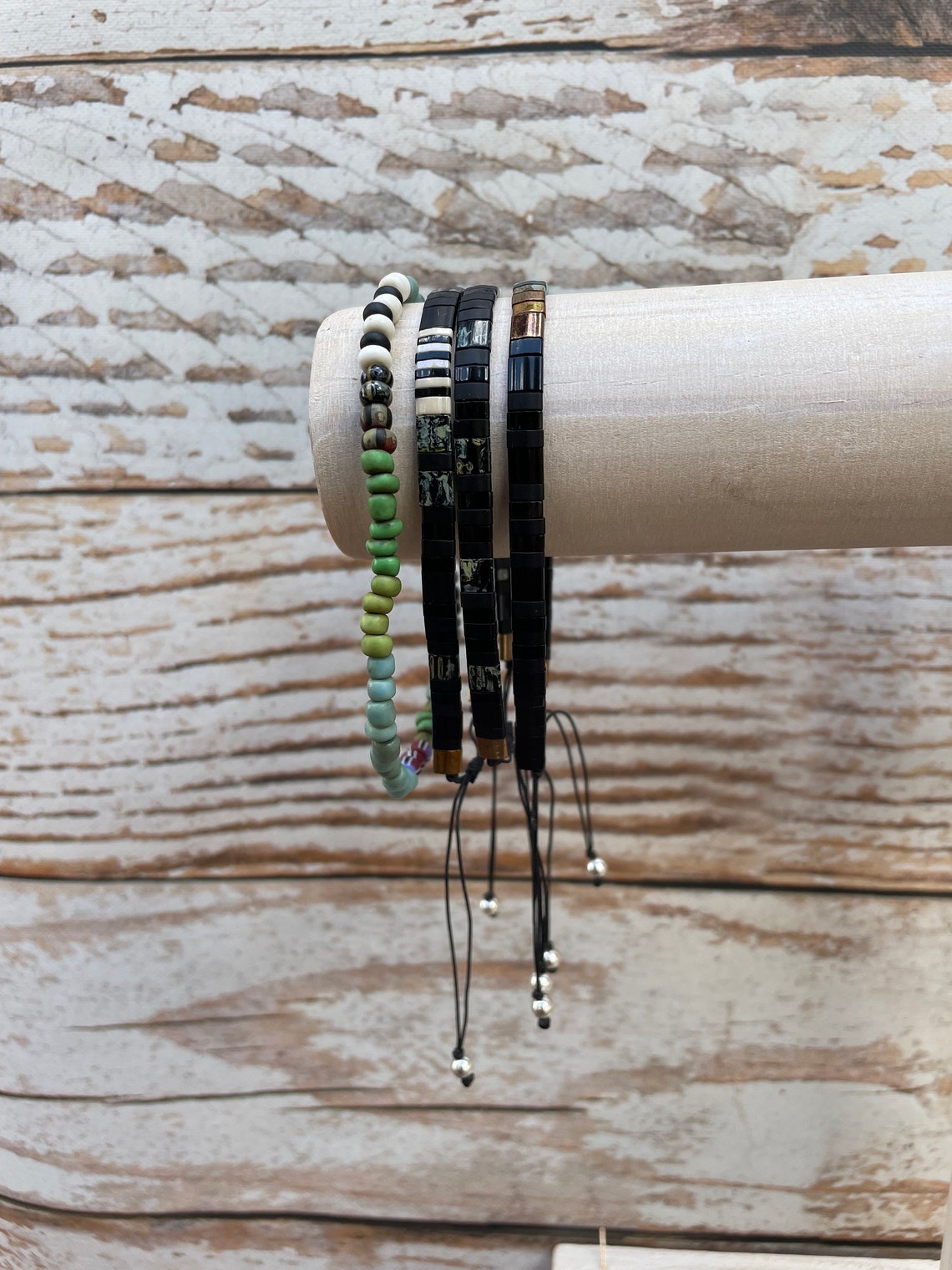 Mens Adjustable B&W Bracelet • Tila Bead Friendship Bracelet • Black ...