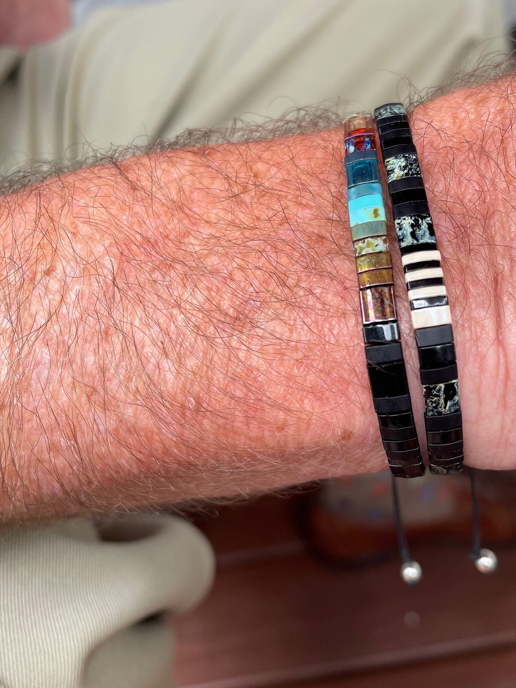 Mens Adjustable B&W Bracelet • Tila Bead Friendship Bracelet • Black ...