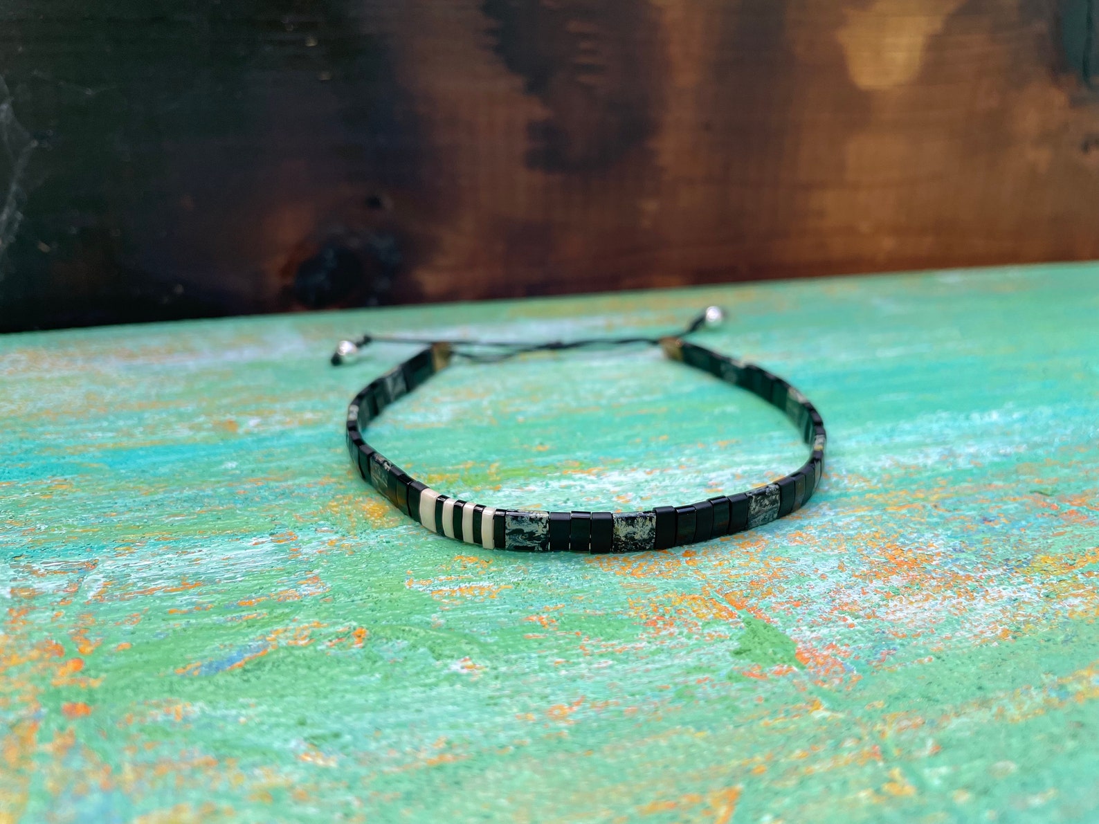 Mens Adjustable B&W Bracelet • Tila Bead Friendship Bracelet • Black ...