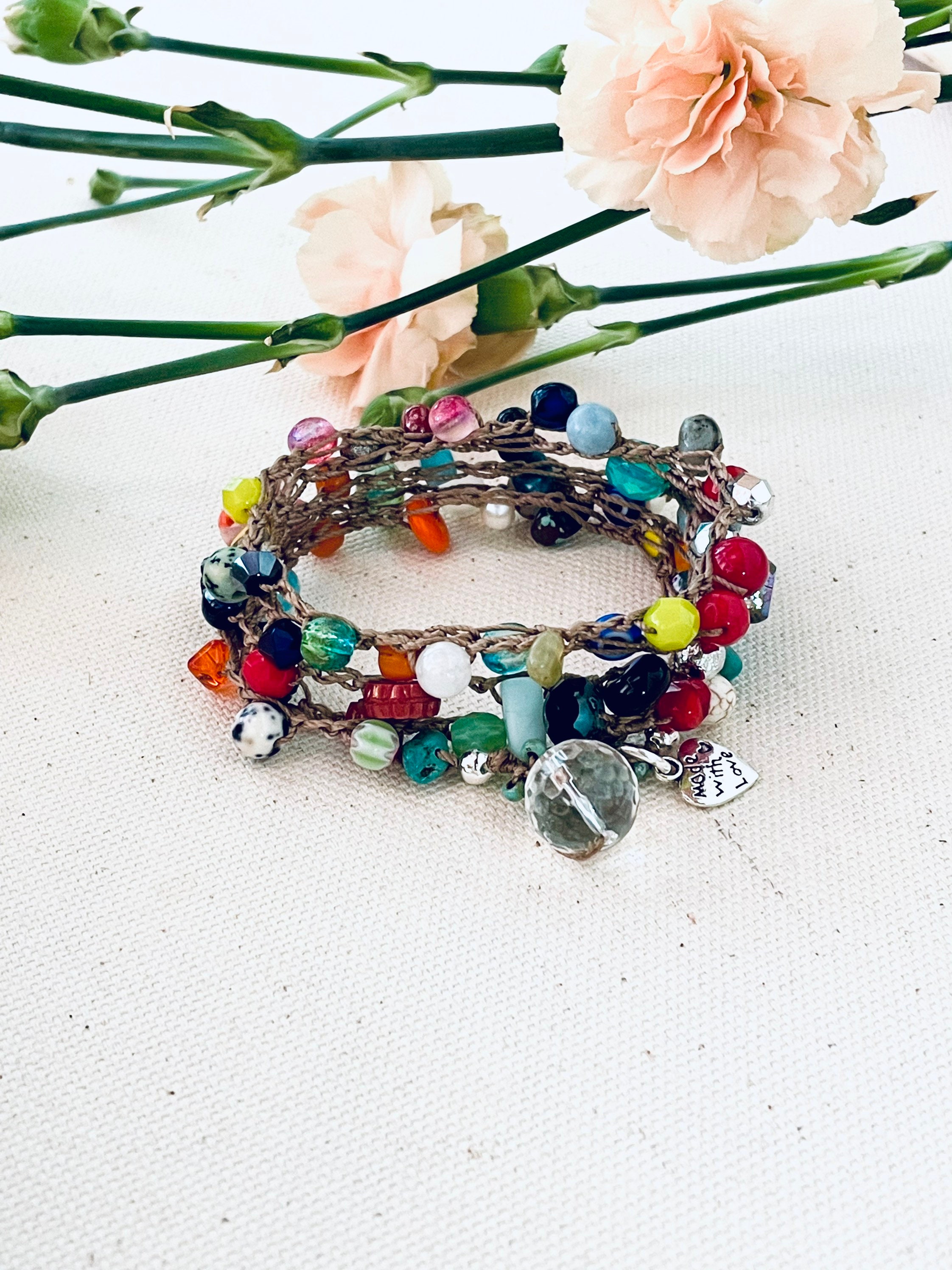 COLORFUL Long Beaded Necklace • Multi Color Beaded Crochet Wrap ...