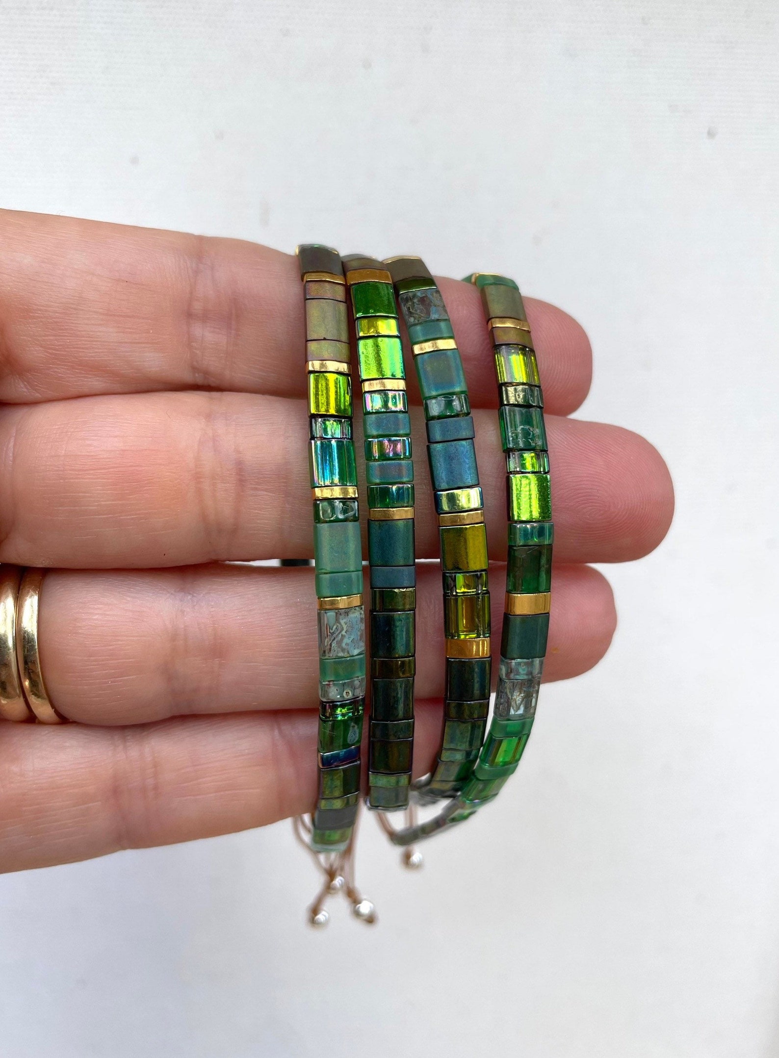 Green Beaded Bracelet Adjustable Flat Square Bracelet - Etsy