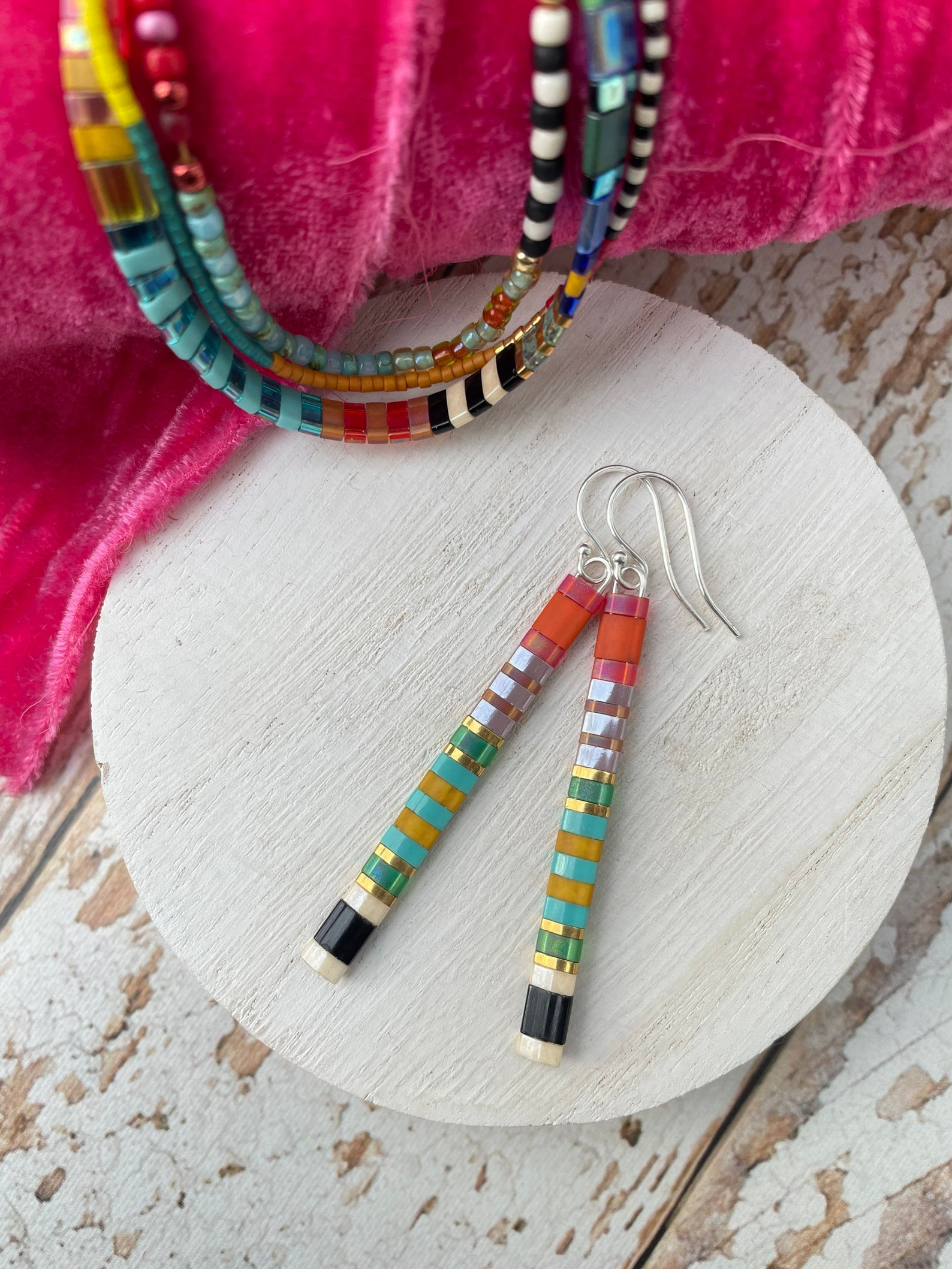Colorful Long Tila Bead Earrings • Modern Glass Square Tile Dangle ...