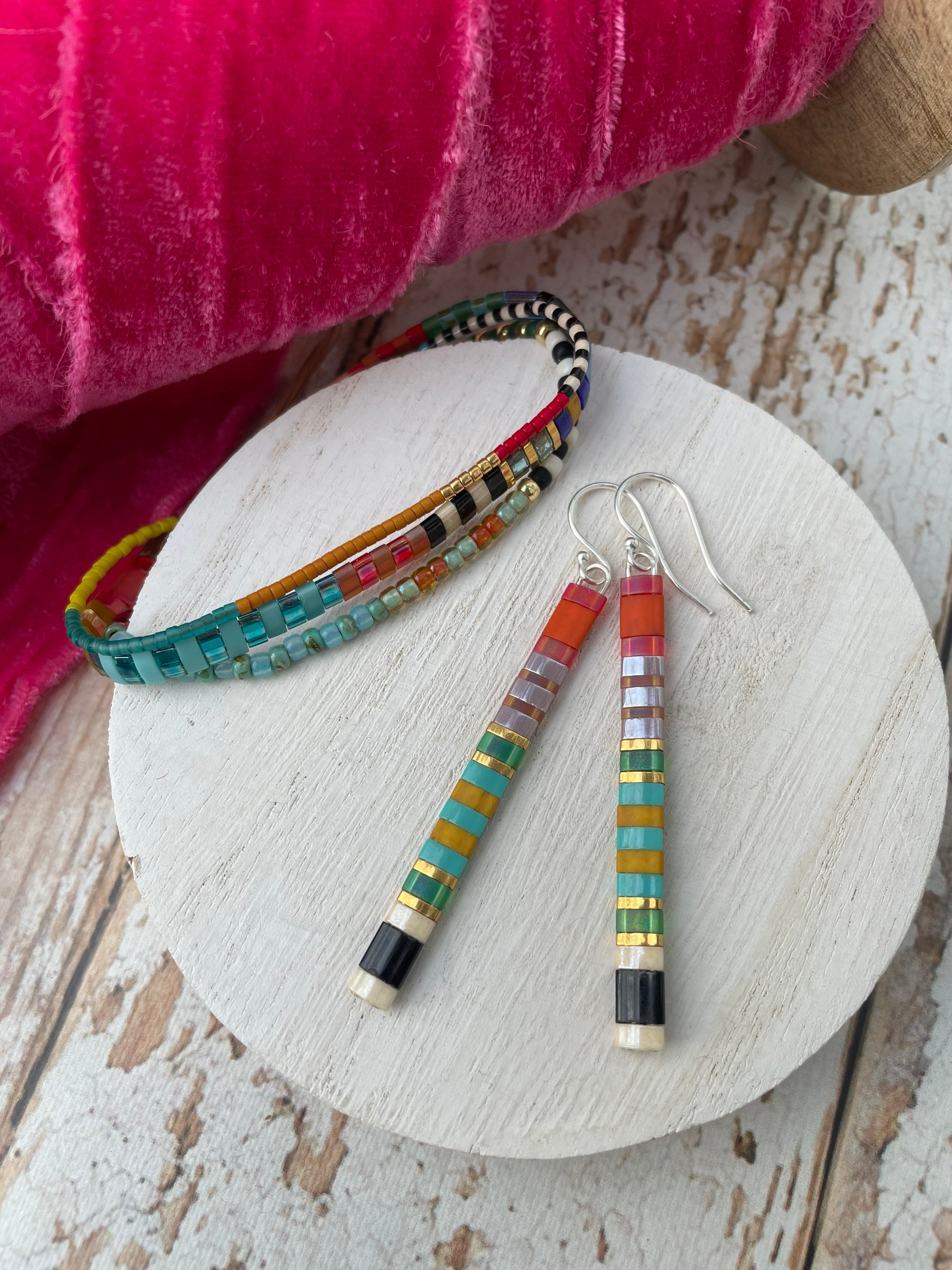 Colorful Long Tila Bead Earrings • Modern Glass Square Tile Dangle ...