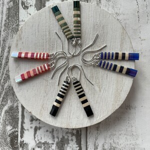 BLUE Striped Tila Bead Earrings • Miyuki Glass Square Tile Dangle Earrings • Sterling Silver ...