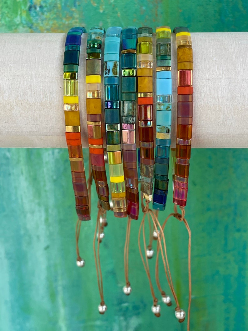 Colorful Glass Tile Bead Bracelet • Adjustable Miyuki Tila Friendship ...