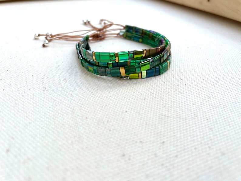 Green Beaded Bracelet Adjustable Flat Square Bracelet - Etsy