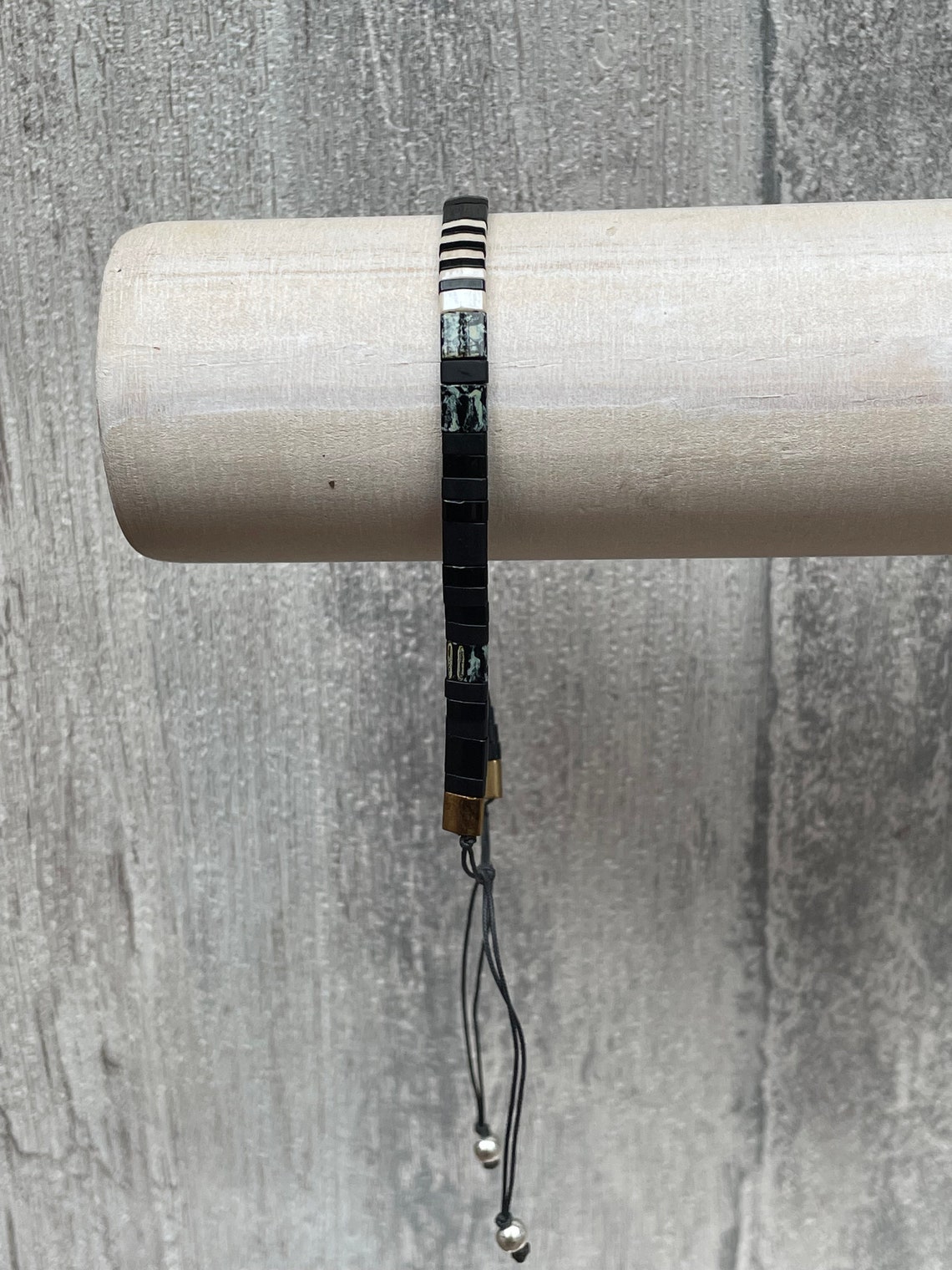 Mens Adjustable B&W Bracelet • Tila Bead Friendship Bracelet • Black ...