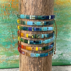 Colorful Glass Tile Bead Bracelet • Adjustable Miyuki Tila Friendship ...