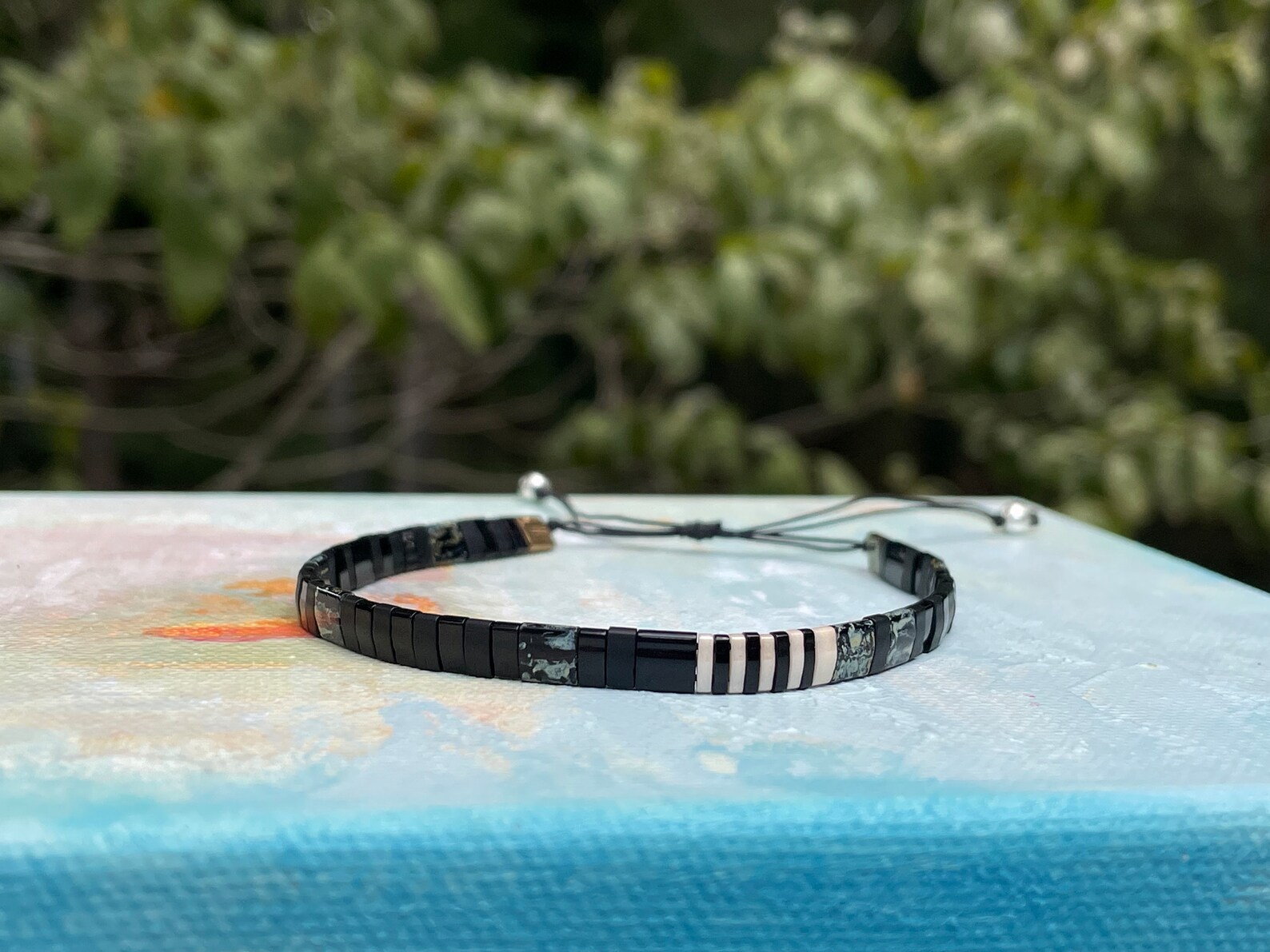 Mens Adjustable B&W Bracelet • Tila Bead Friendship Bracelet • Black ...