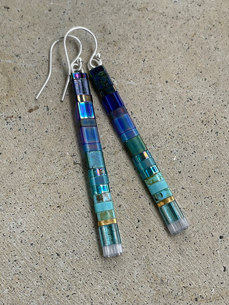 Blue Ombre Tila Bead Earrings Blue Glass Tile Dangle - Etsy