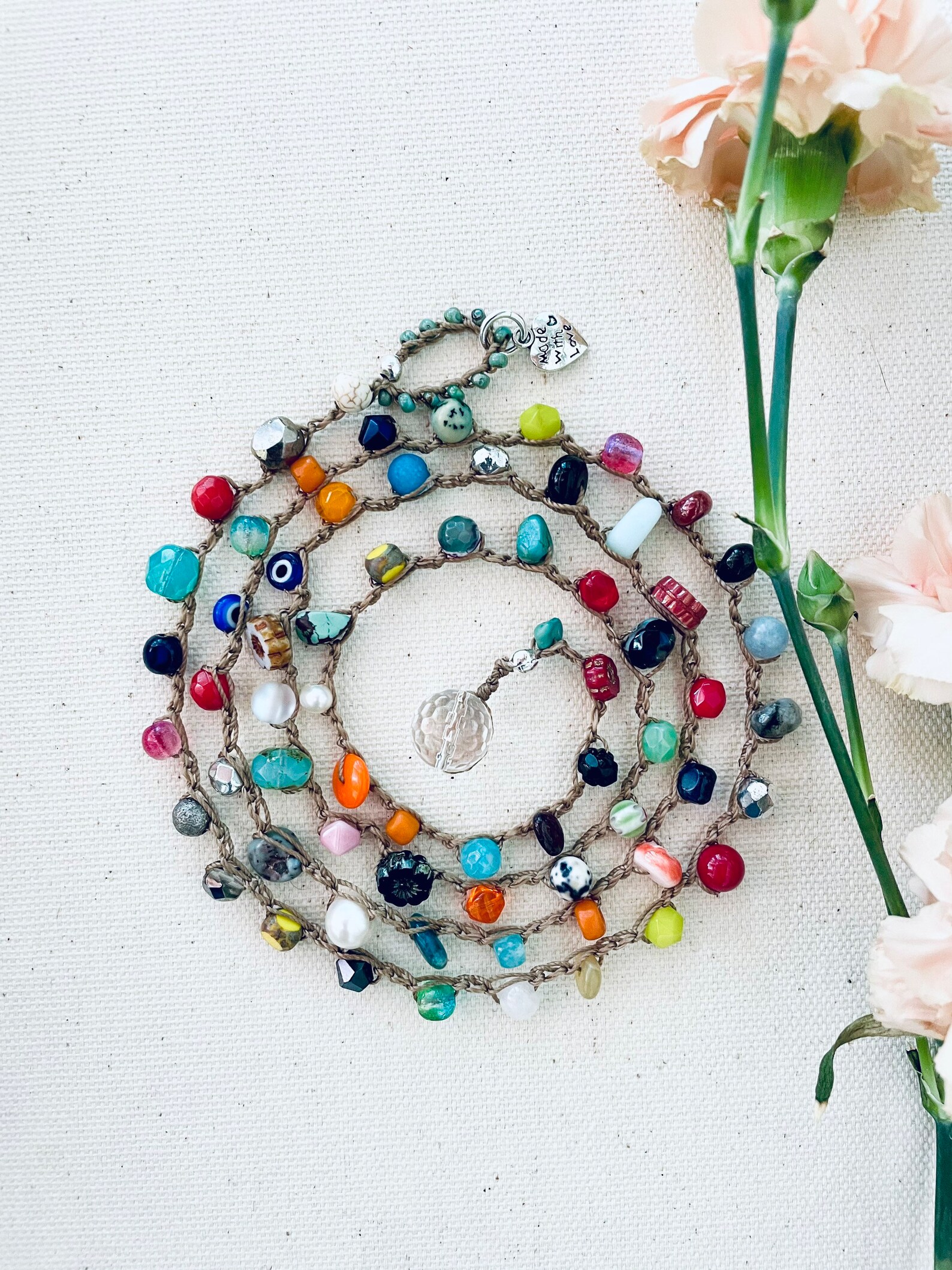 COLORFUL Long Beaded Necklace • Multi Color Beaded Crochet Wrap ...