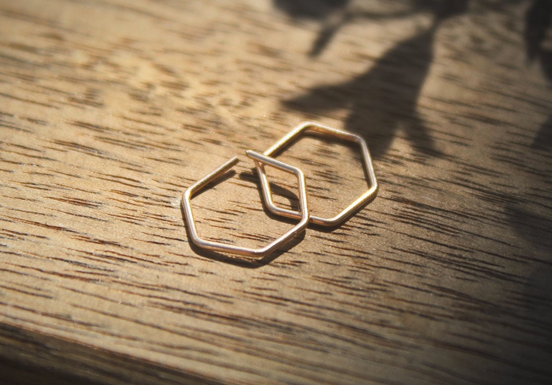 14K Gold Hexagon Hoops Hexagon Hoop Earrings Gold Hoop - Etsy UK