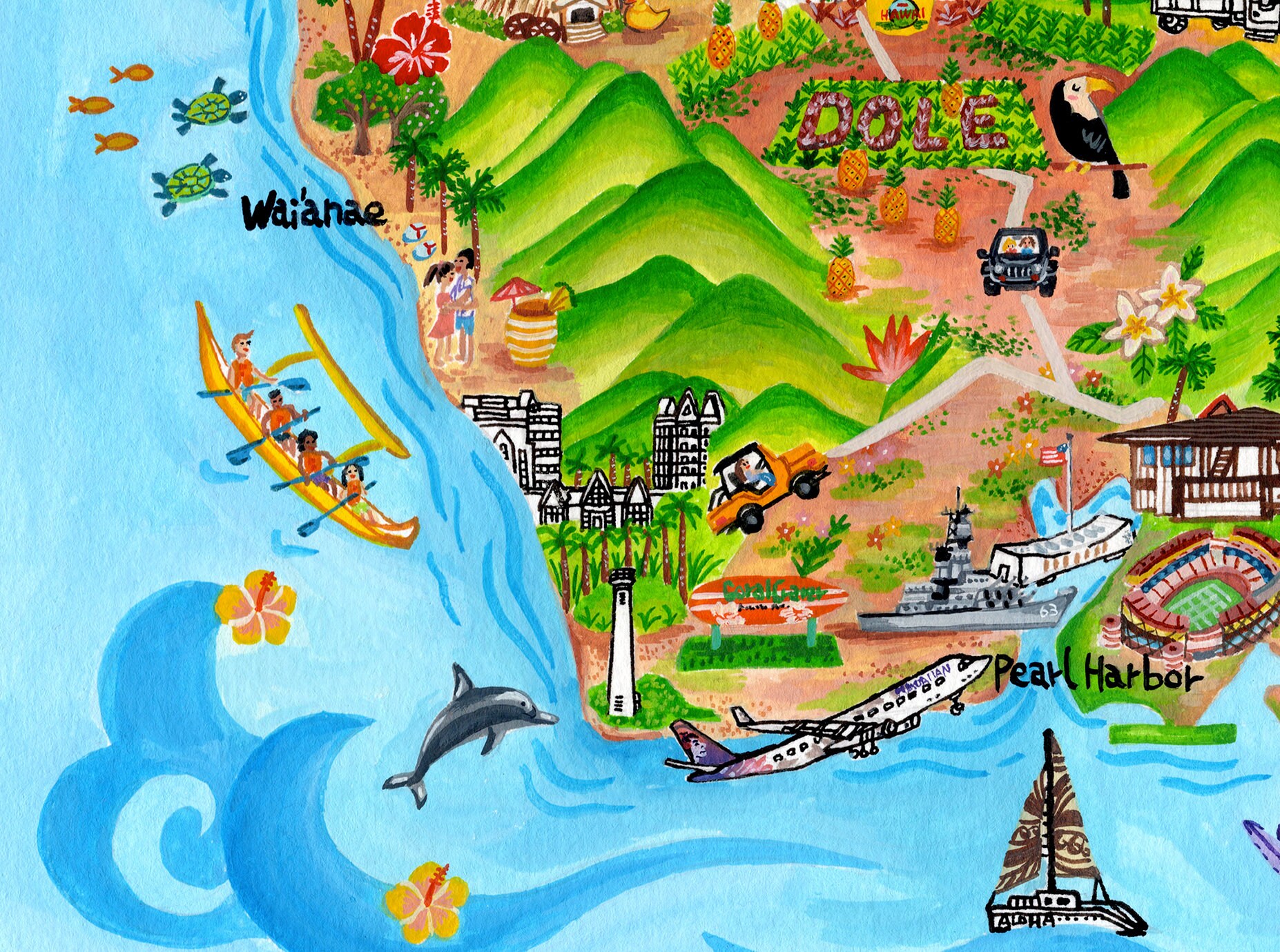 Oahu Hawaii Art Print | Hawaii Islands Gift | Honolulu, Waikiki, Pearl ...