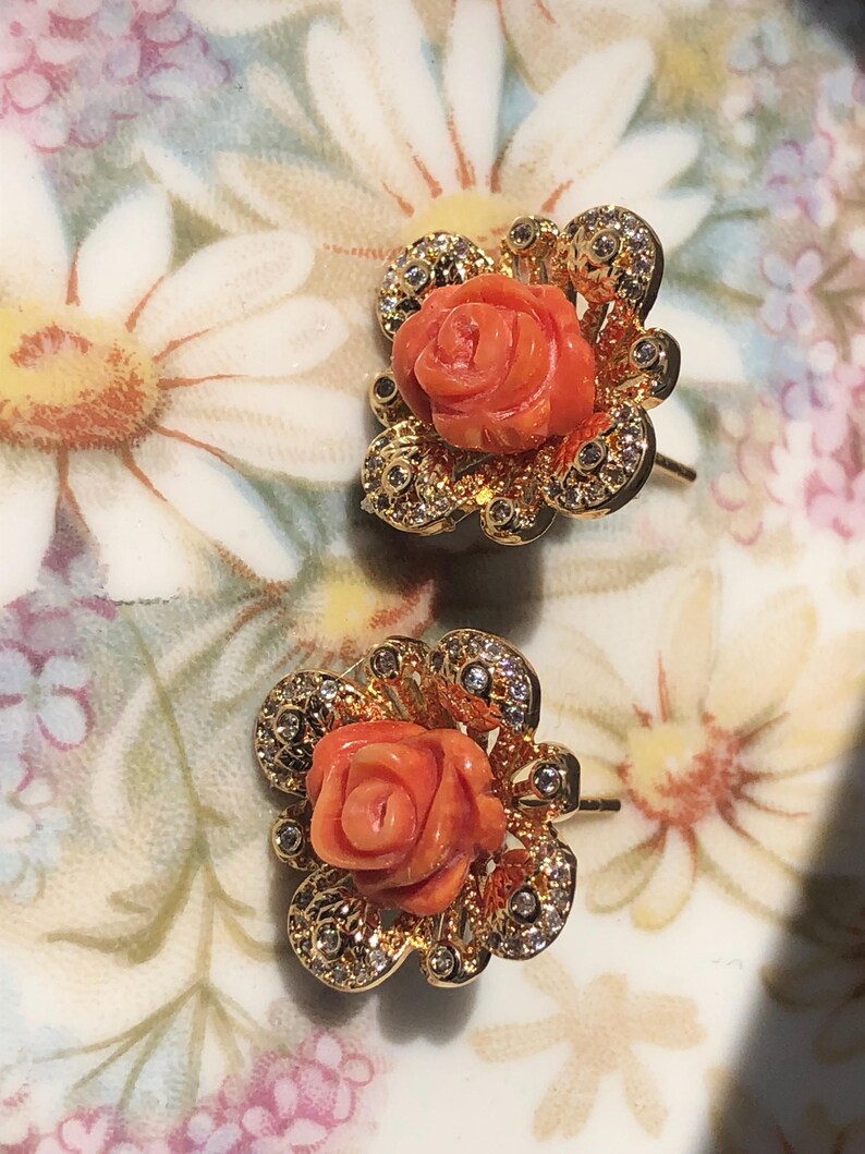 Victorian Carved Rose Coral Earrings: CZ Flower Studs - Etsy
