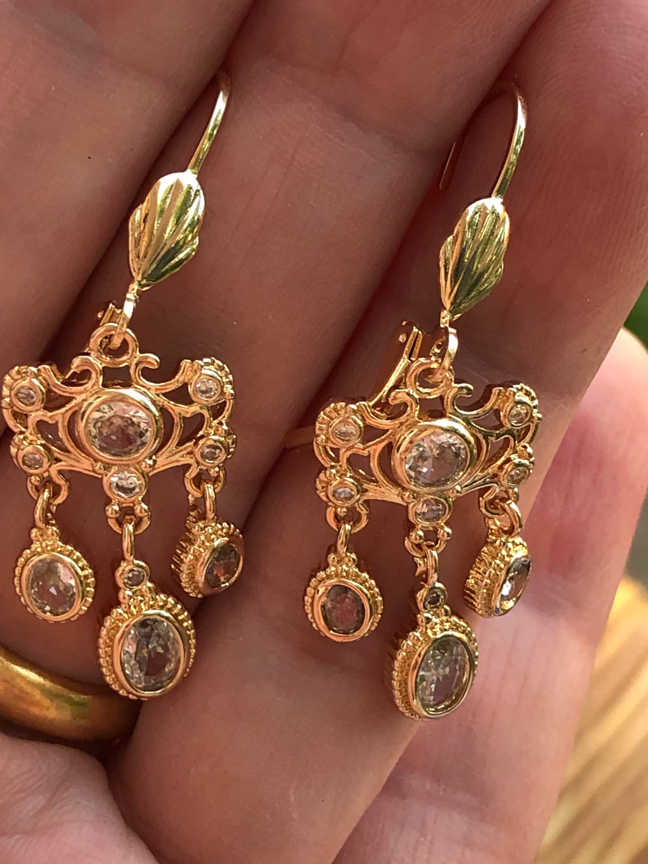 Regency Earrings, Ancient Style Wedding Dangle Earrings, Gold and Clear ...