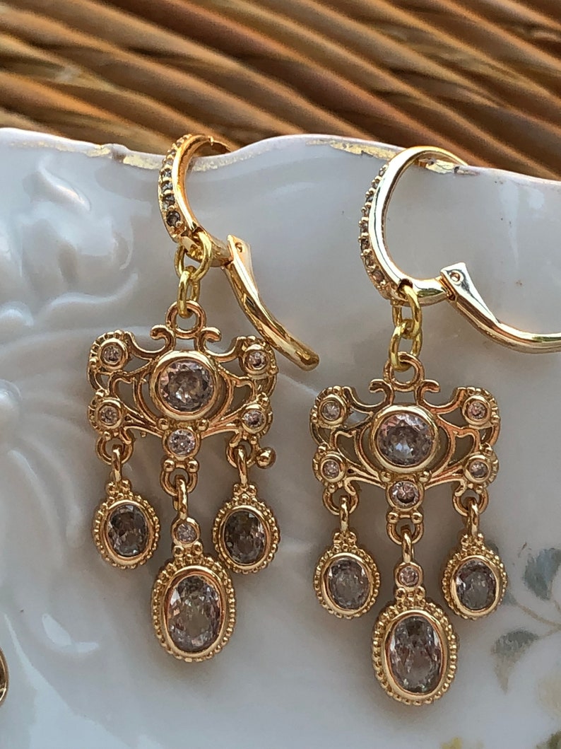 Regency Earrings, Ancient Style Wedding Dangle Earrings, Gold and Clear ...